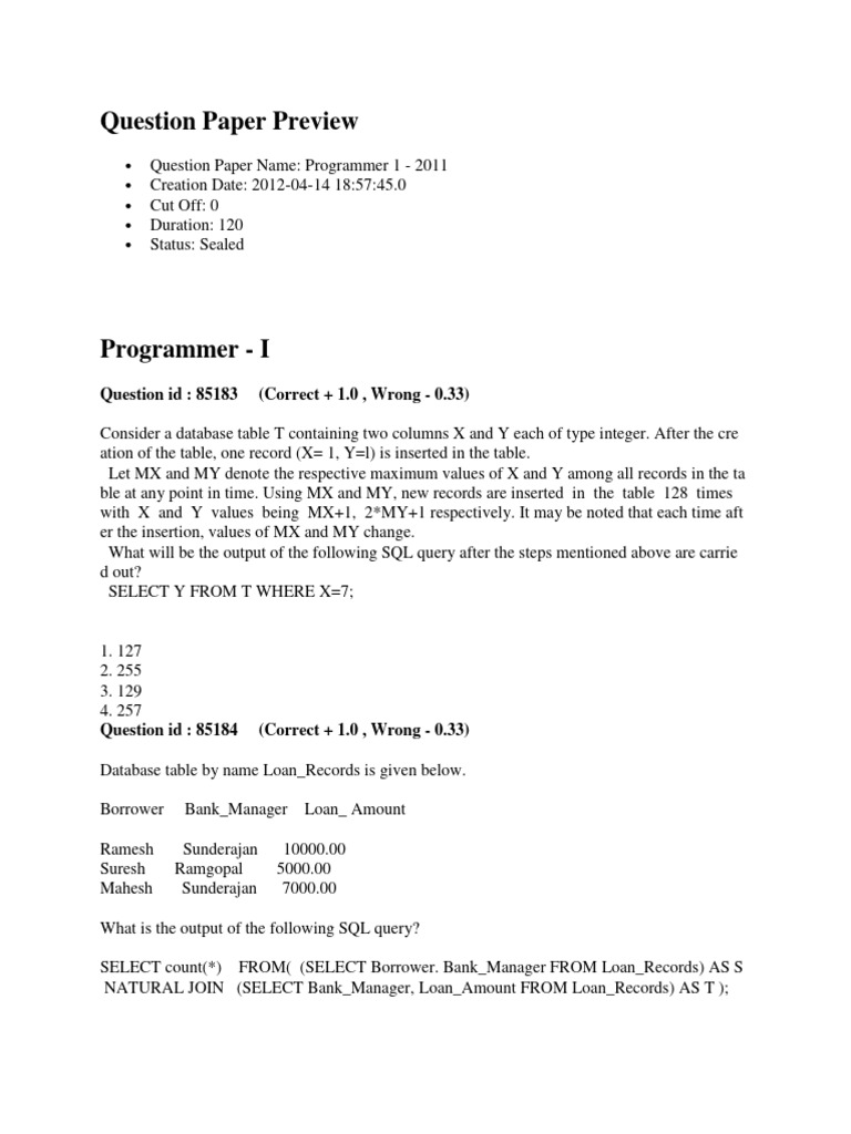 RPSC Programmer I Question Paper 2011 | PDF | Relational Model ...