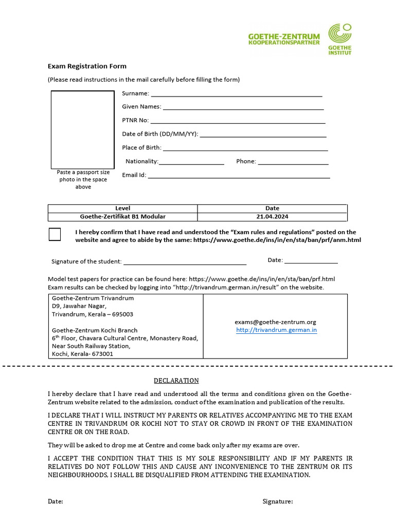 Exam Registration Form B1 | PDF
