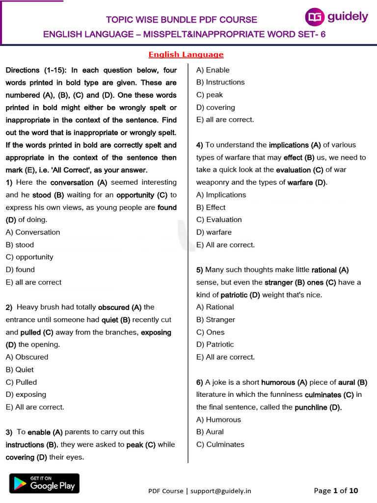 Misspelt & Inappropriate Word Set - 6 (Prelims) - 1719378039203 | PDF | Verb | Adverb