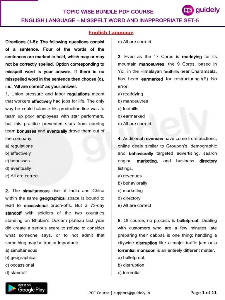 Misspelt & Inappropriate Word Set - 5 (Prelims) - 1719378046600 | PDF