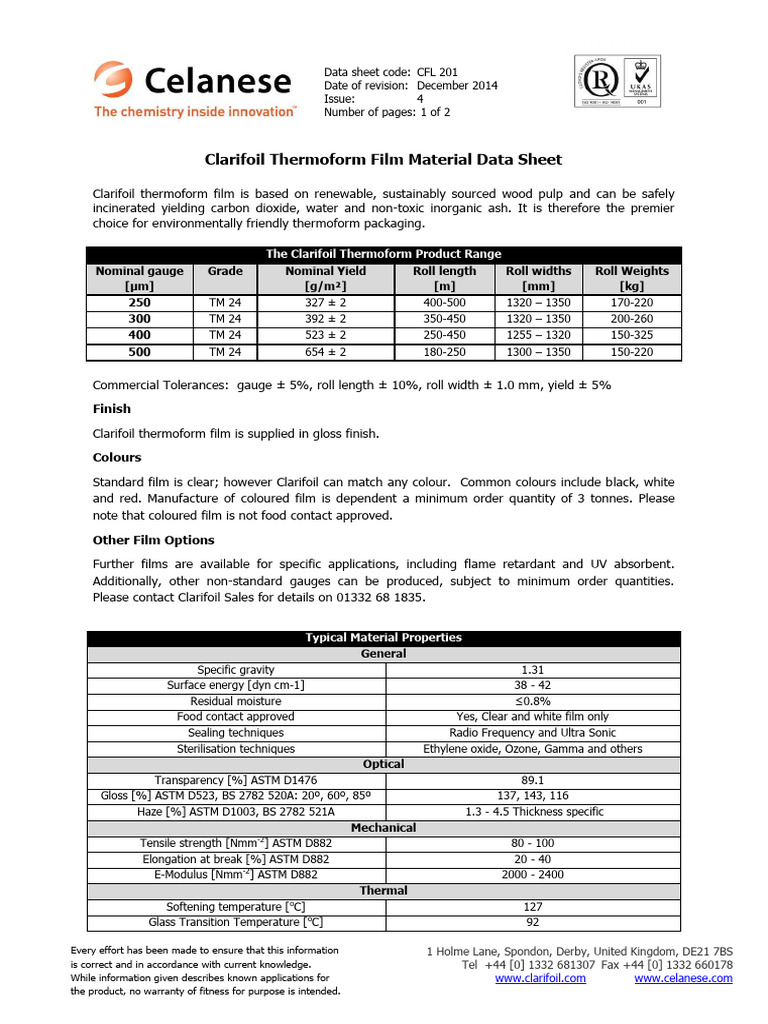 CFL 201 Clarifoil Thermoform Material Datasheet | PDF | Industrial Processes | Materials