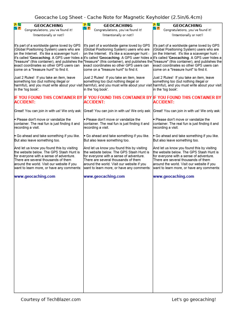 Geocaching Log Sheet Cache Note For Magnetic Keyholder | PDF | Websites