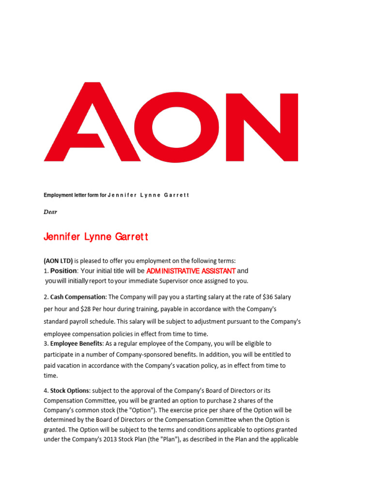 AON LTD Employment Letter For Jennifer Lynne Garrett | PDF | Employment ...