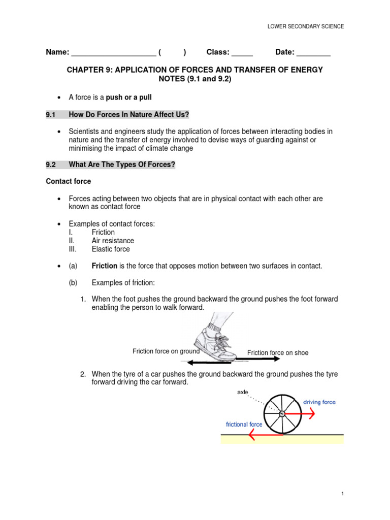 Chap 9 Application of Forces and Transfer of Energy_notes(9.1 and 9.2 ...