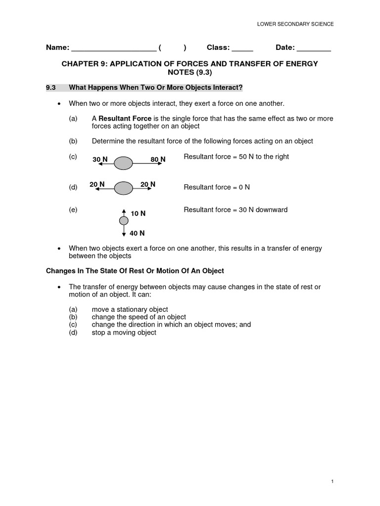 Chap 9 Application of Forces and Transfer of Energy - Notes (9.3 ...