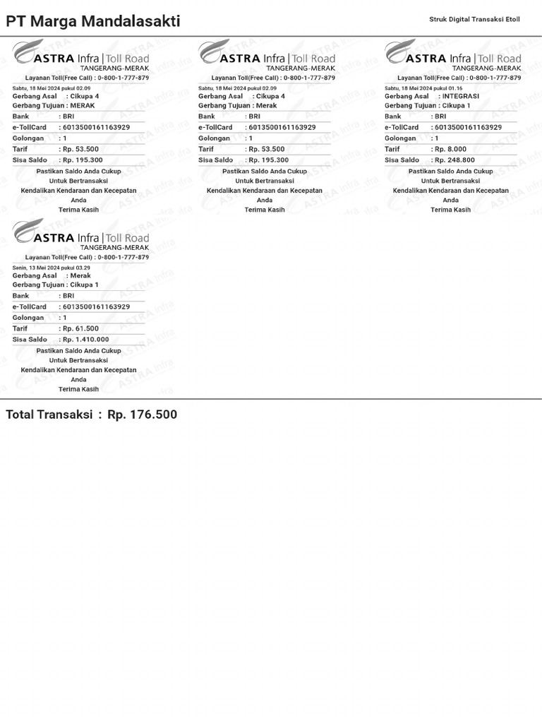 Struk Transaksi ASTRA Infra Toll Road - 206072 | PDF