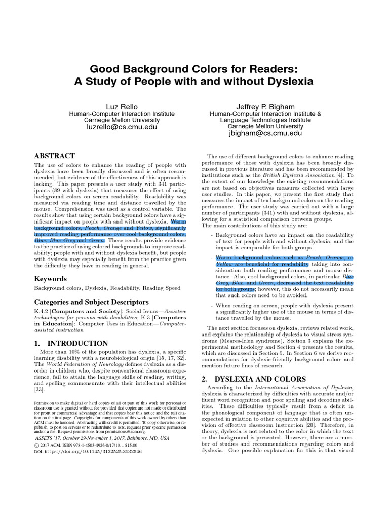 Background Color For Readers | PDF | Dyslexia | Color