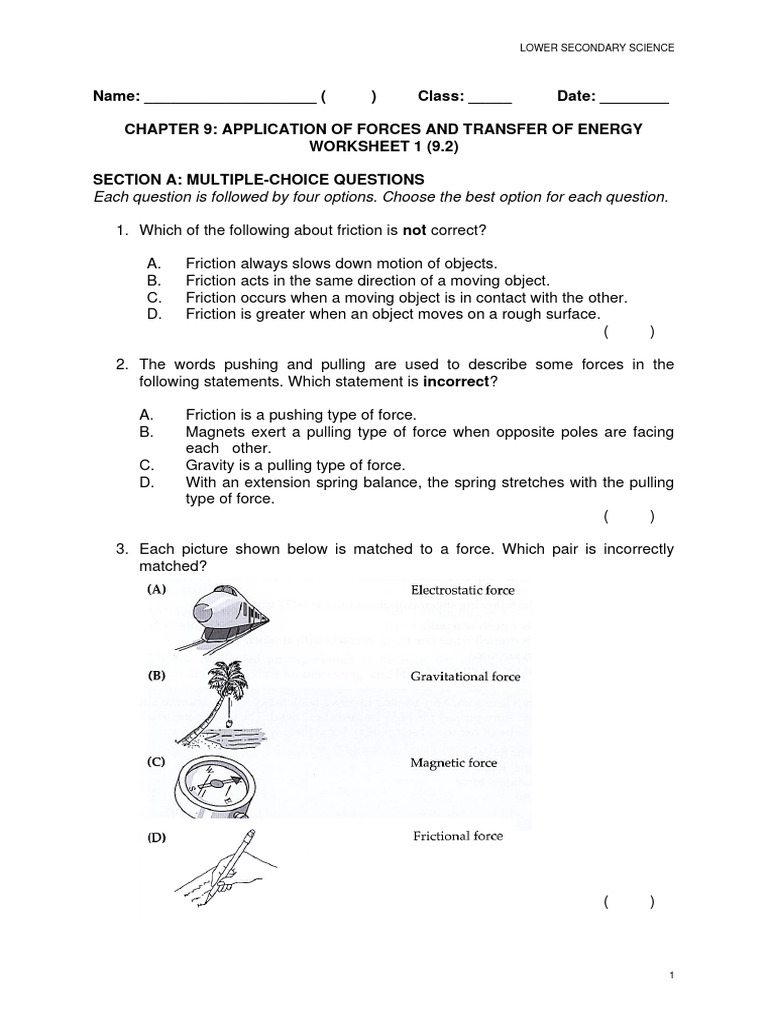 Chap 9 Application of Forces and Transfer of Energy - ws1 (9.2) - Student - 040124 | PDF ...