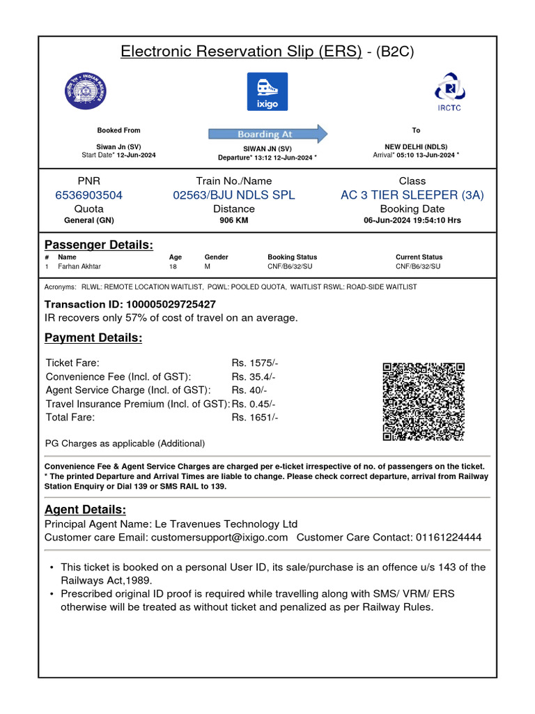 Electronic Reservation Slip (ERS) : 6536903504 02563/BJU NDLS SPL Ac 3 ...