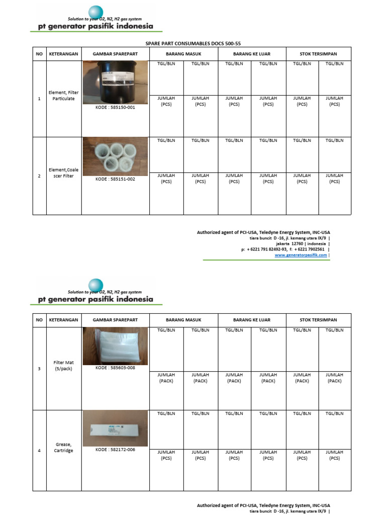 Cek List Spare Part Consumables Docs 500 | PDF
