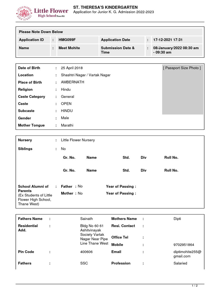 Junior KG Admission Form 2022-23 | PDF | Childhood | Human Development