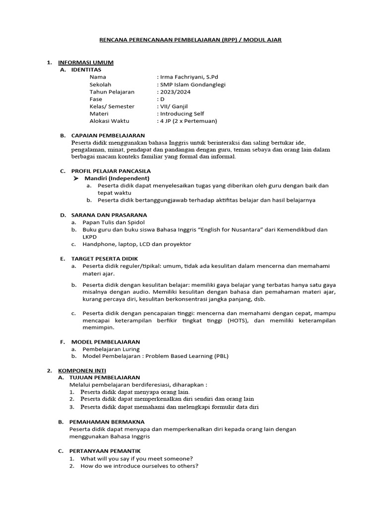 Rpp-Modul Ajar BHS Inggris Kelas 7 Unit 1 | PDF