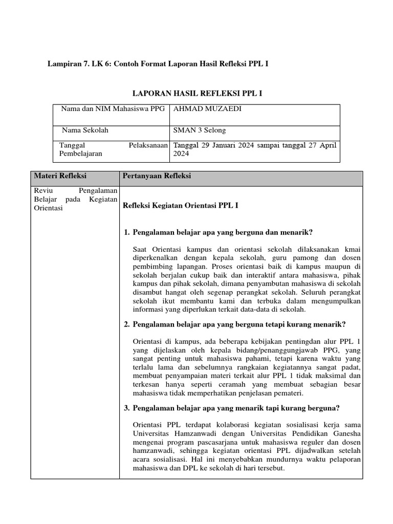Lampiran 7. LK 6 Contoh Format Laporan Hasil Refleksi PPL I | PDF
