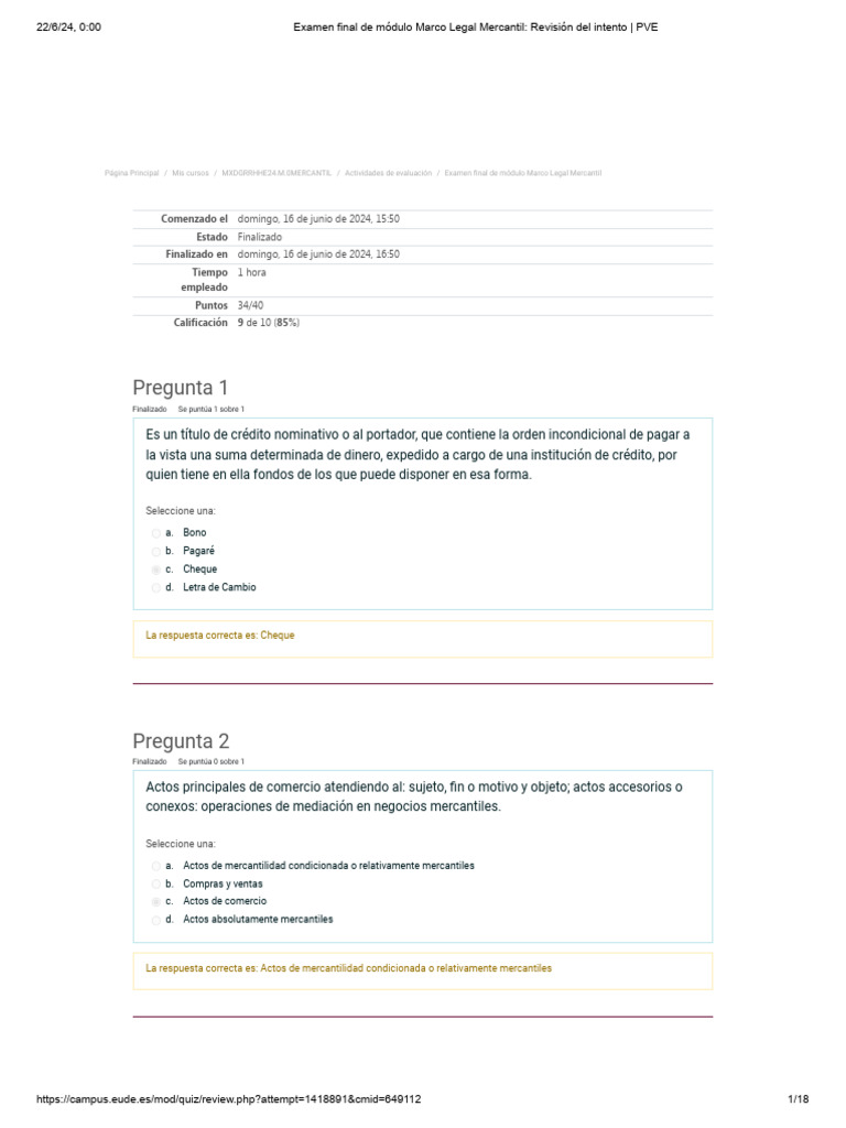 Examen Final de Módulo Marco Legal Mercantil - Revisión Del Intento ...