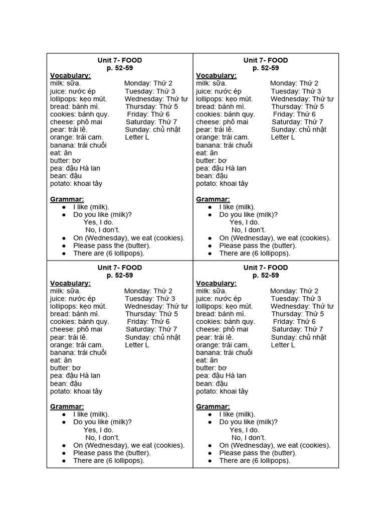Unit 7-FOOD P. 52-59 Vocabulary: Unit 7 - FOOD P. 52-59 Vocabulary | PDF