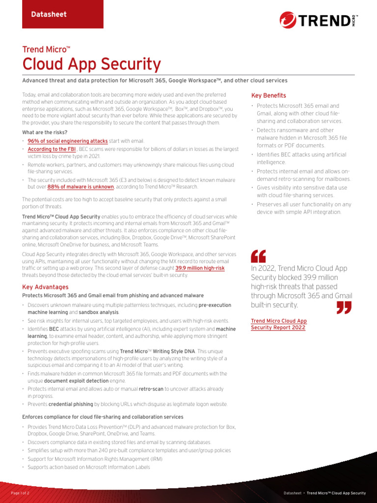 Trend Micro™ Cloud App Security | PDF | Security | Computer Security
