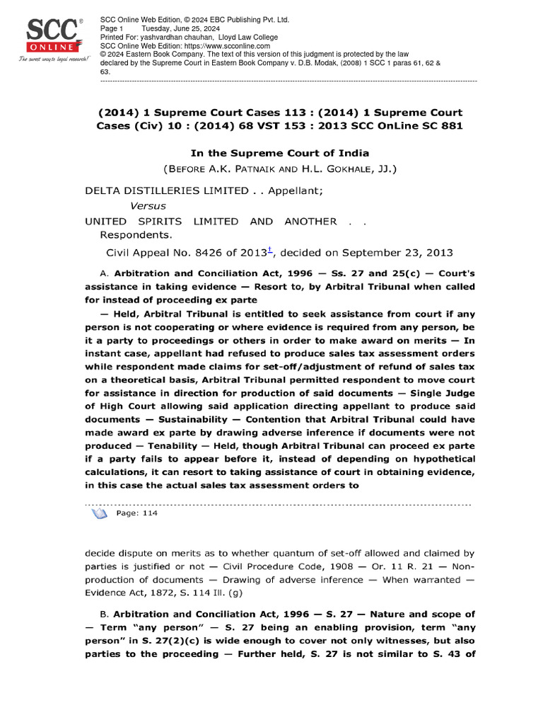 Delta Distilleries Ltd. v. United Spirits LTD., (2014) 1 SCC 113 | PDF ...