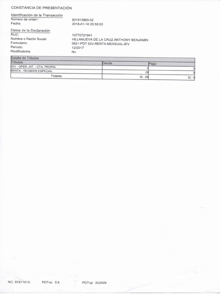 Form 621 - Constancia de Declaracion Rer Mes 12 - 2017 Villanueva de La ...