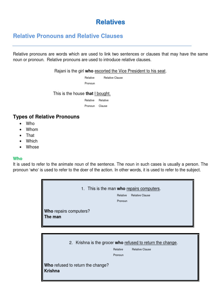 Relative Pronouns and Relative Clauses | PDF | Pronoun | Clause