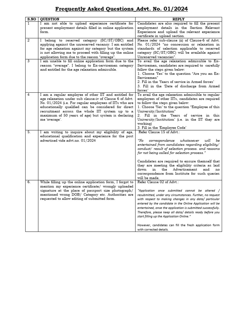 Frequently Asked Questions - ADvt 01-2024 | PDF