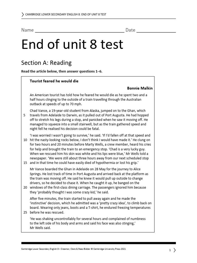 End of Unit 8 Test for English 8 | PDF