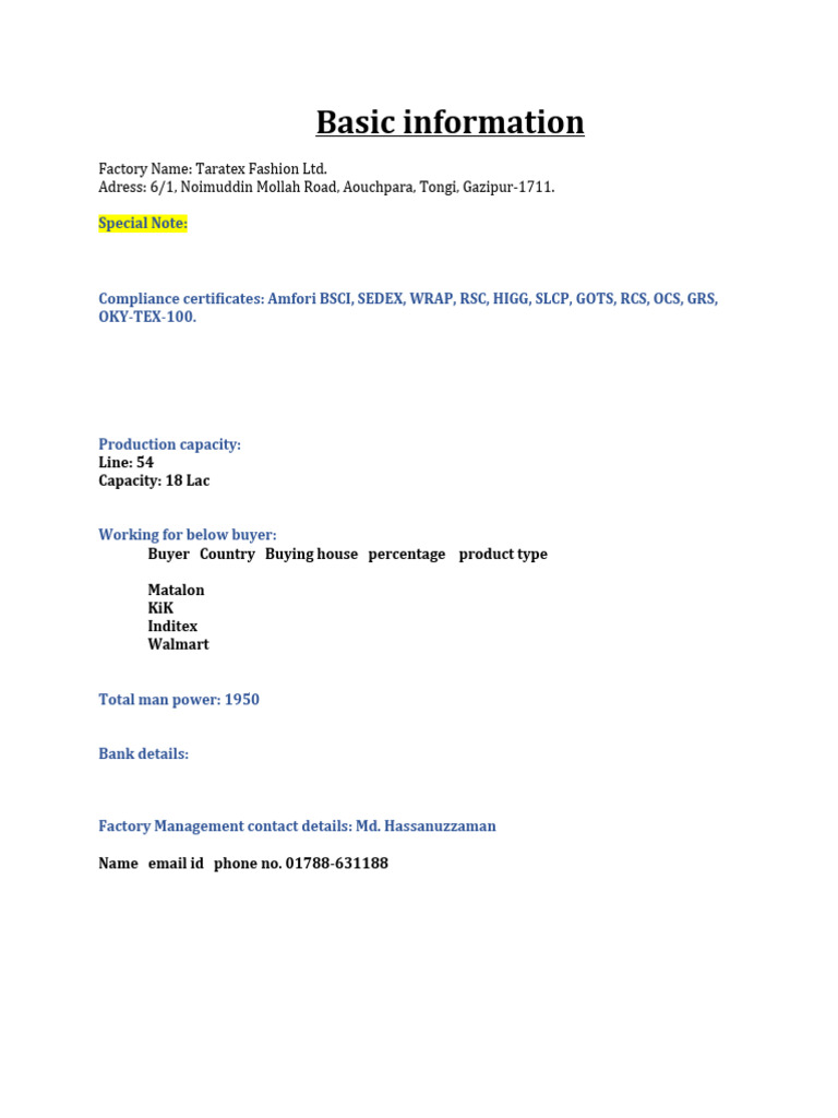 Basic Information sheet-TARA Tex | PDF