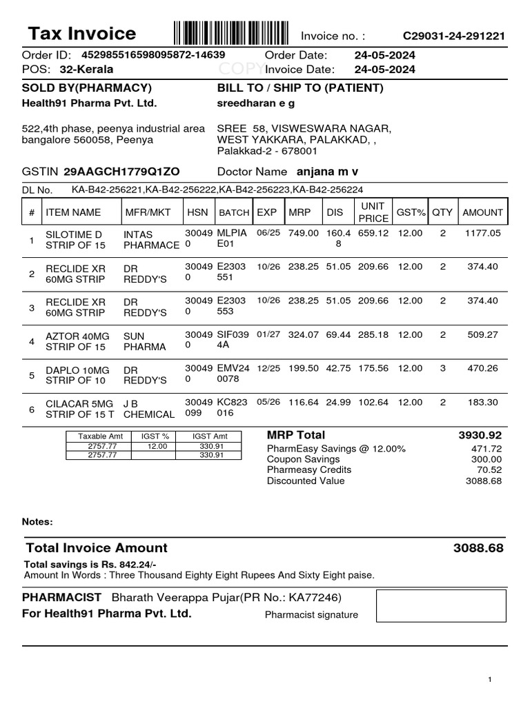 Invoice No.: Order ID: Order Date: POS: 32-Kerala Invoice Date | PDF ...