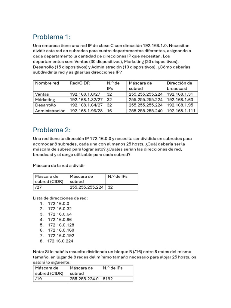 Problemas Subnetting-Resuelto | PDF | Dirección IP | Protocolos de internet