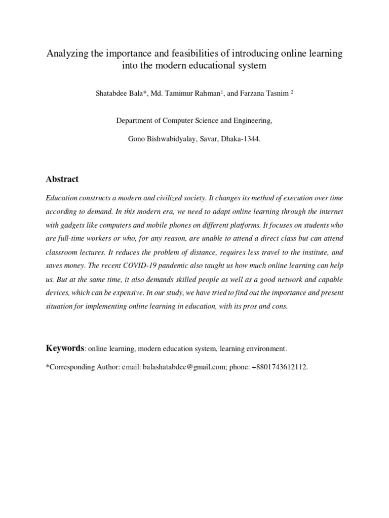 Analyzing The Importance and Feasibilities of Introducing Online Learning Into The Modern ...