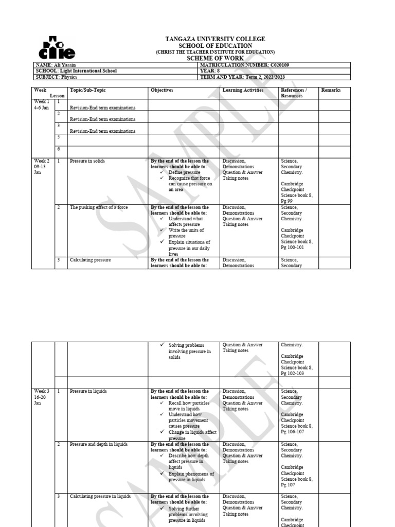 Scheme of Work-Physics Year 8 | PDF | Light | Reflection (Physics)