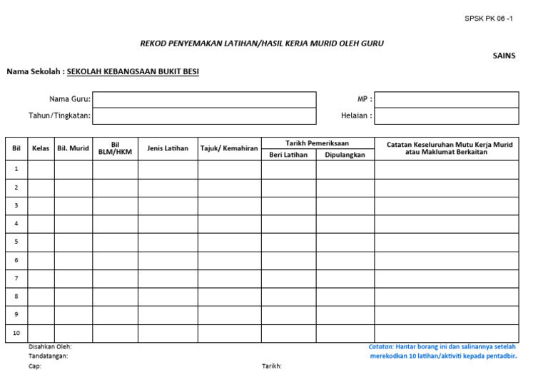Borang Rekod Semakan Buku Latihan Murid | PDF