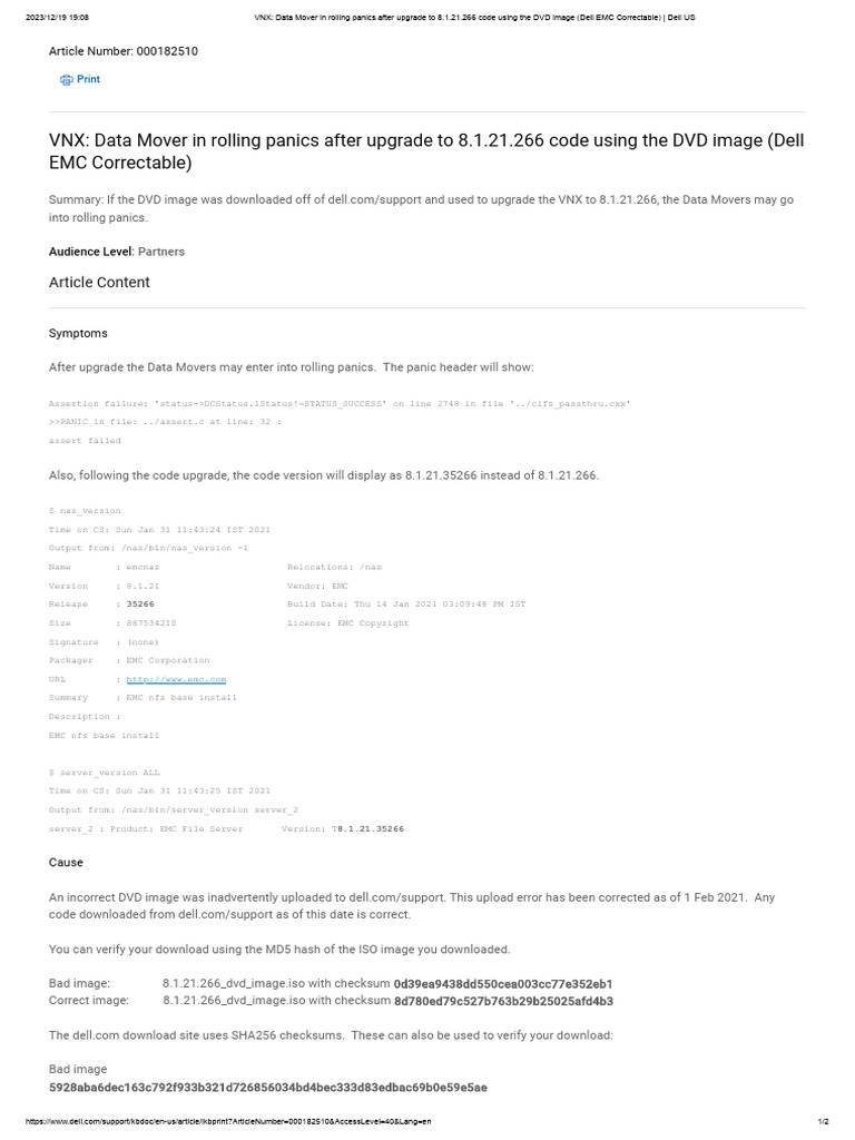 VNX - Data Mover in Rolling Panics After Upgrade To 8.1.21.266 Code Using The DVD Image (Dell ...