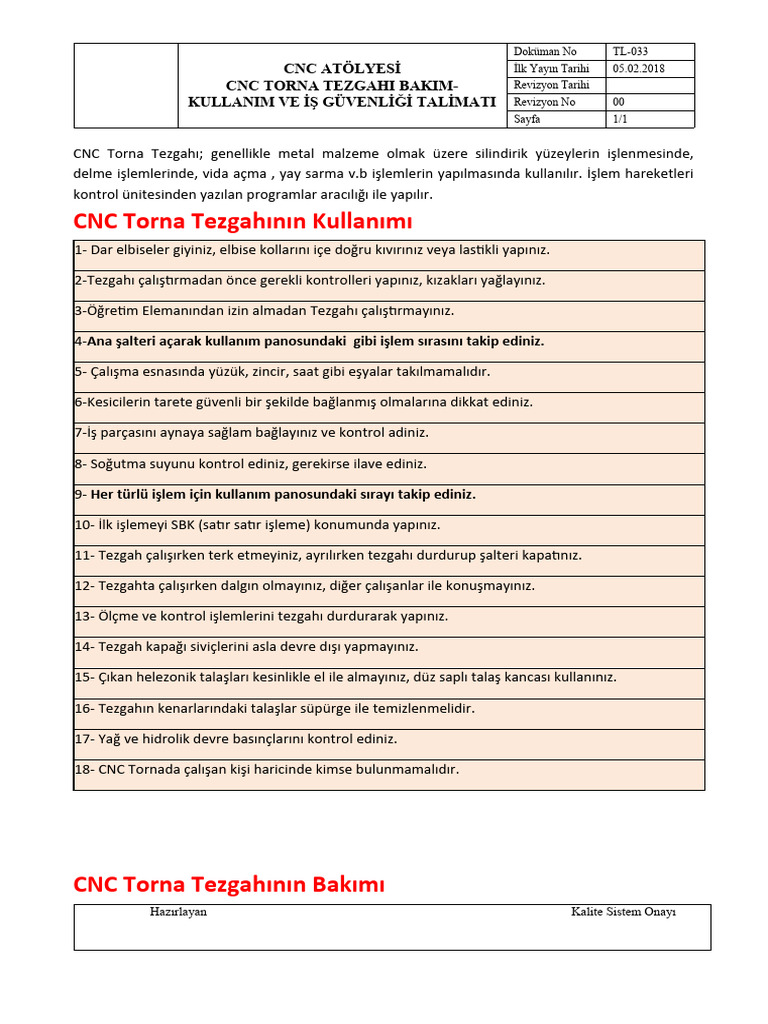 CNC Torna Tezgahı Bakım, Kullanım Ve Iş Güvenliği Talimatı | PDF
