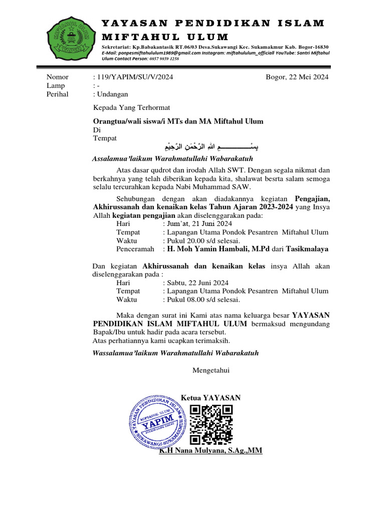 Surat Undangan & Rundown Acara Akhirussanah 2023-2024 | PDF