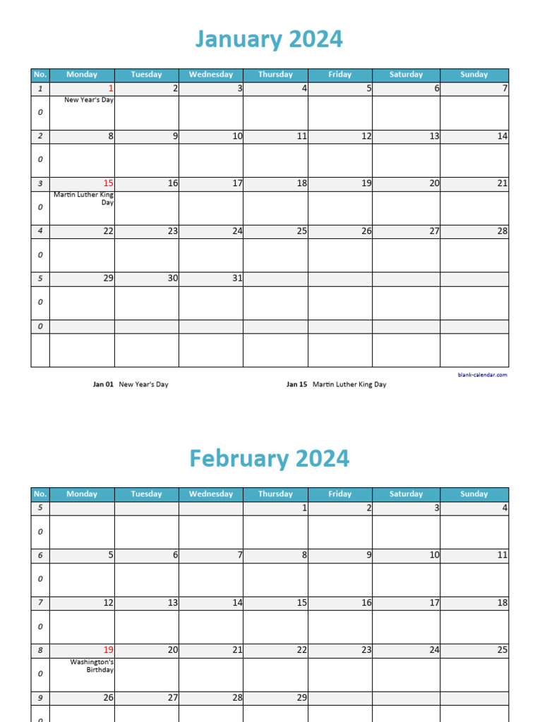 2024 Excel Calendar Holidays Landscape Monday | PDF | Observances ...