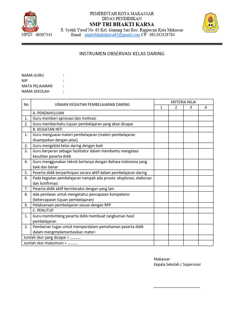 Instrumen Observasi Kelas Daring | PDF