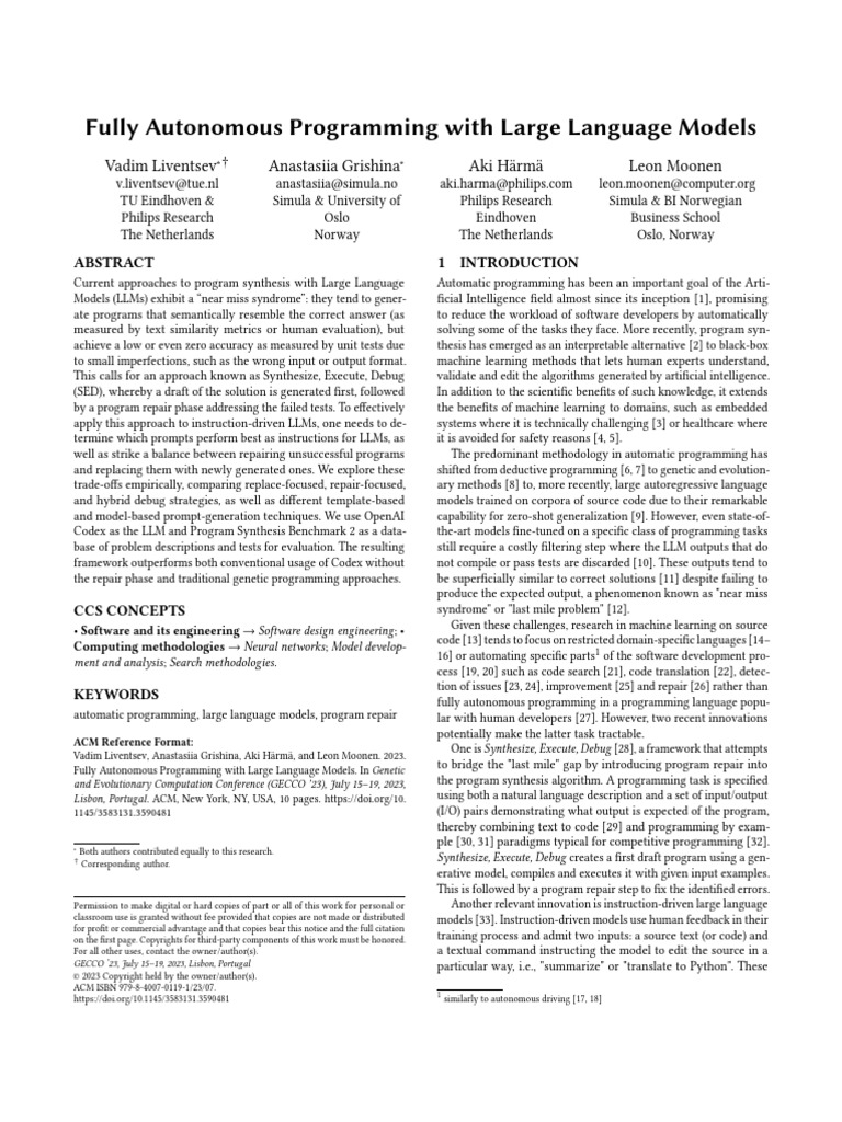 Fully Autonomous Programming With Large Language Models | PDF ... Fully Autonomous Programming With Large Language Models | PDF ...