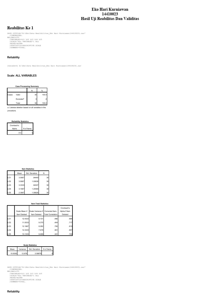 Hasil Uji Reabilitas Dan Validitas | PDF | Statistics | Variance