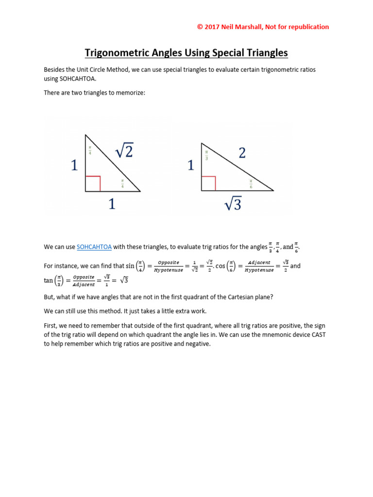 Trigonometric Angles Using Special Triangles Pdf Trigonometric Functions Complex Analysis