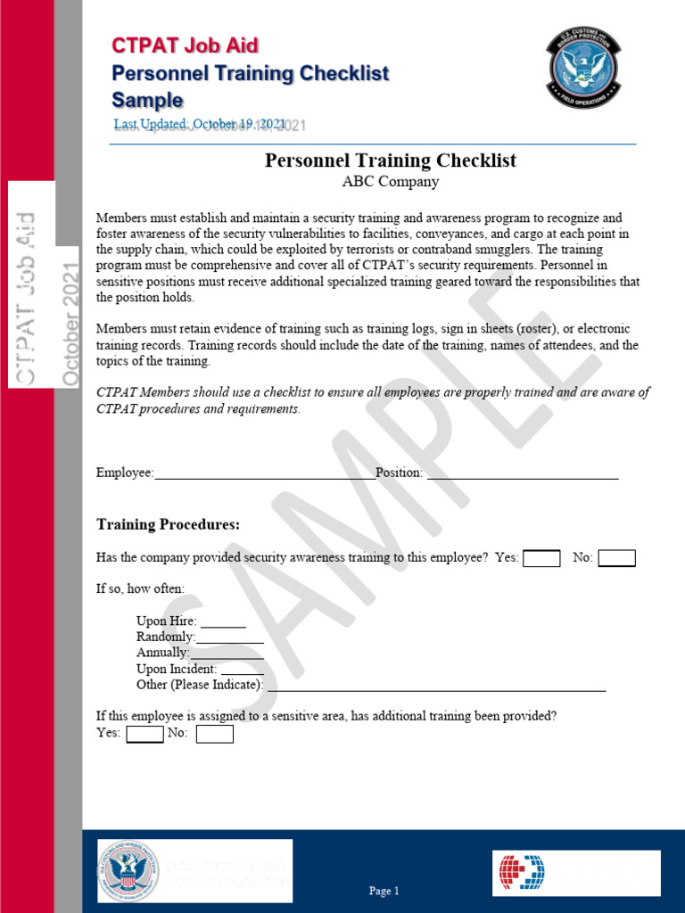 CTPAT Job Aid - Personnel Training Checklist Sample - October 2021 ...