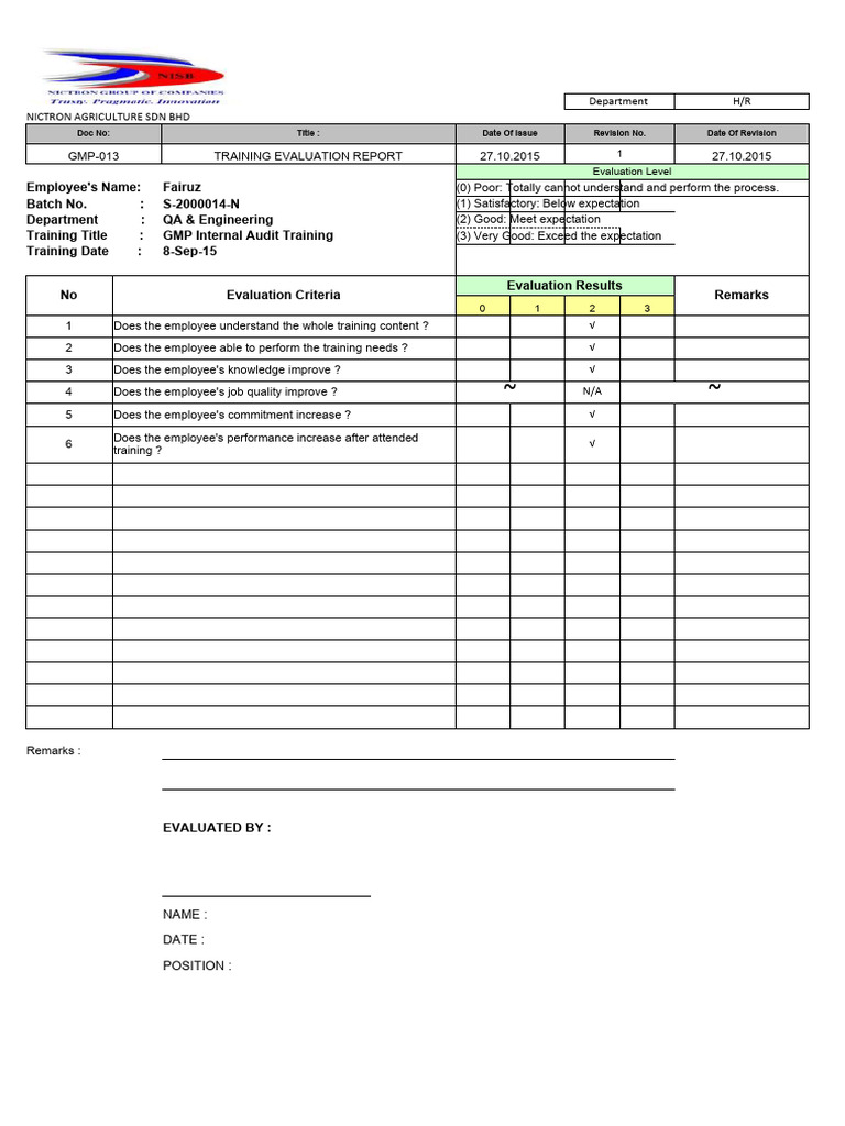 GMP 013 Training Evaluation Record | PDF | Evaluation | Cognition