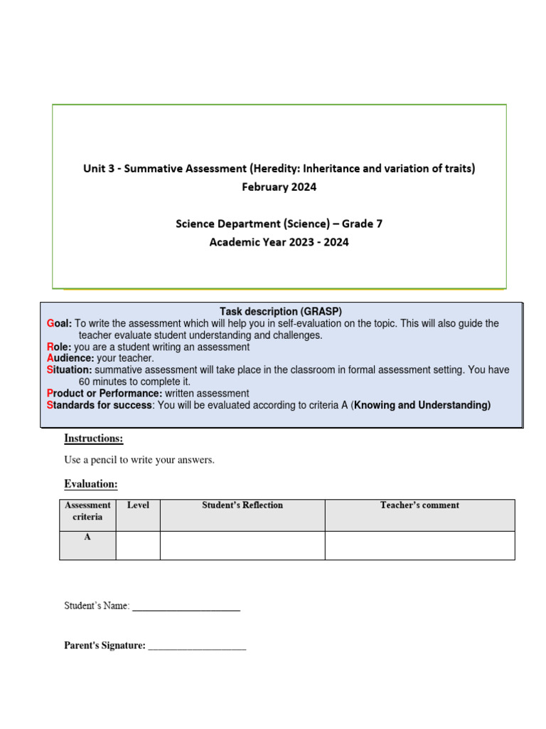 Summative Assessment For Grade 7 | PDF | Meiosis | Chromosome