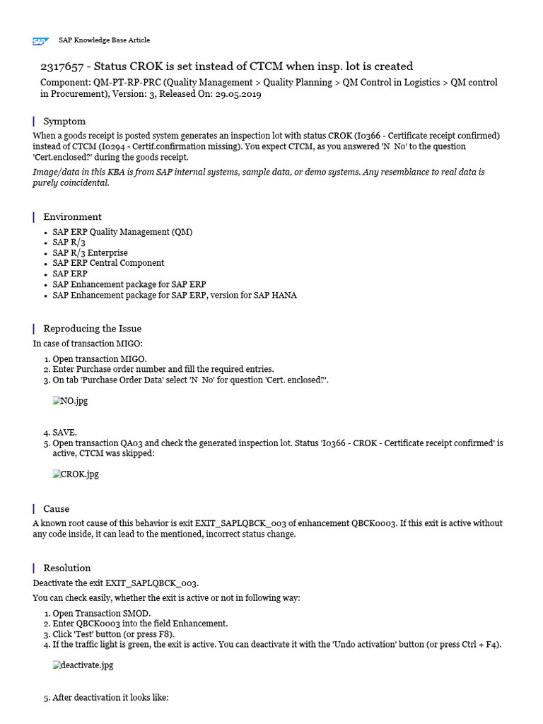 Status CROK Is Set Instead of CTCM When Insp. Lot Is Created | PDF ...