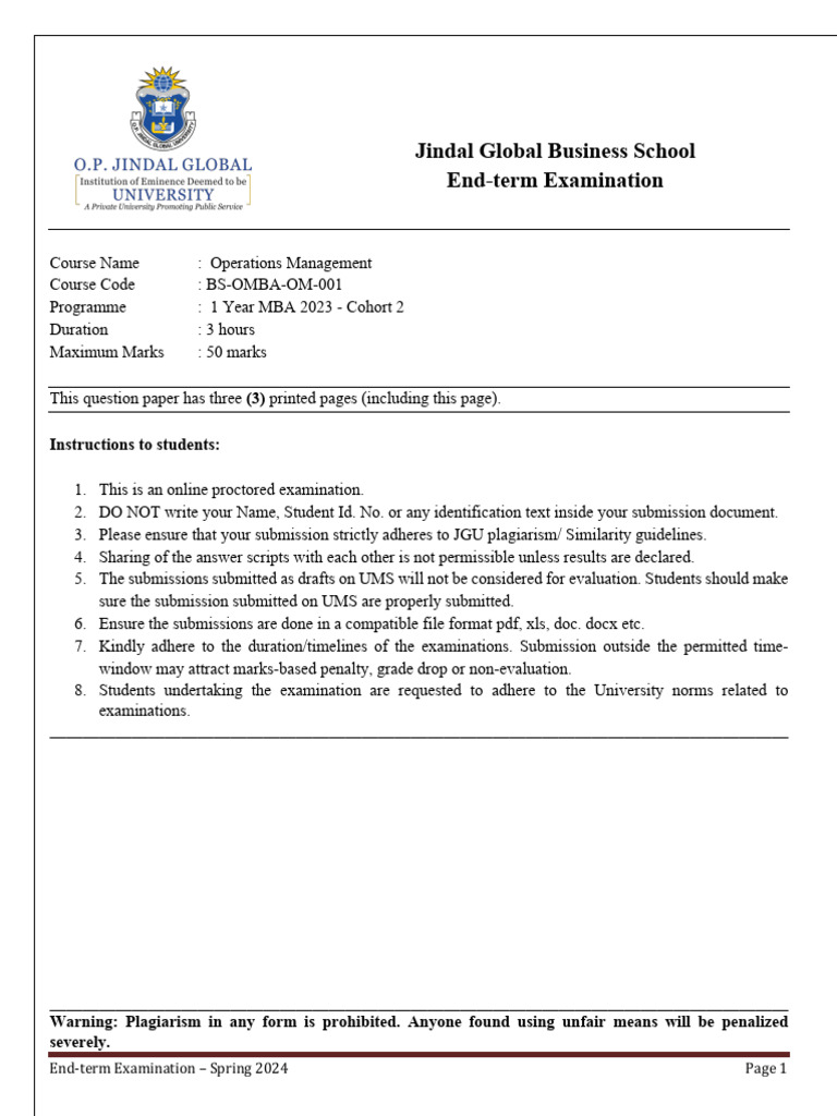 Operations Management MBA Cohort 2 End Term | PDF | Logistics | Business