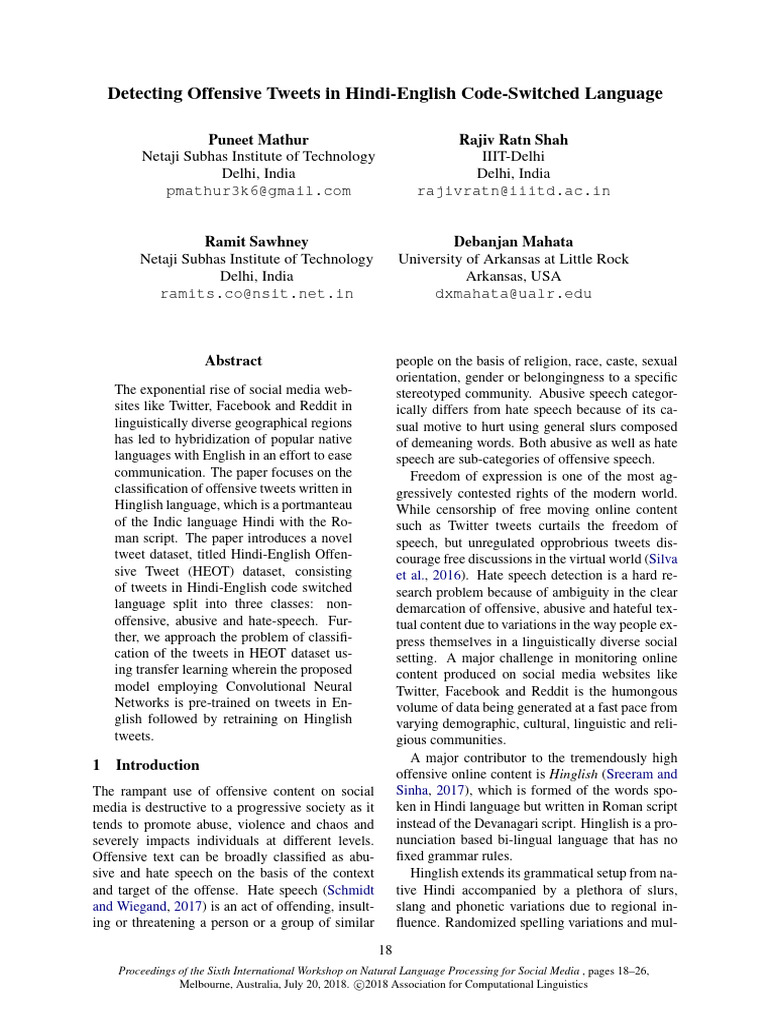 Detecting Offensive Tweets in Hindi-English Code-Switched Language-W18-3504 | PDF | Cognitive ...