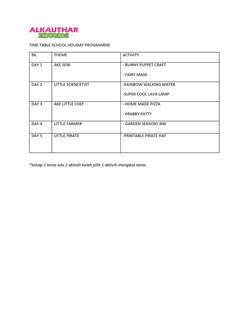 School Holiday Activity Timetable | PDF