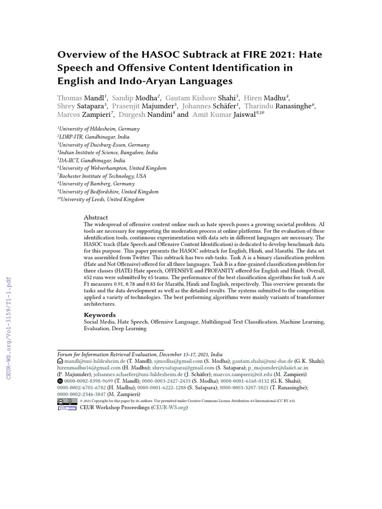 Overview of The HASOC Subtrack at FIRE 2021 Hate Speech and Offensive Content Identification in ...