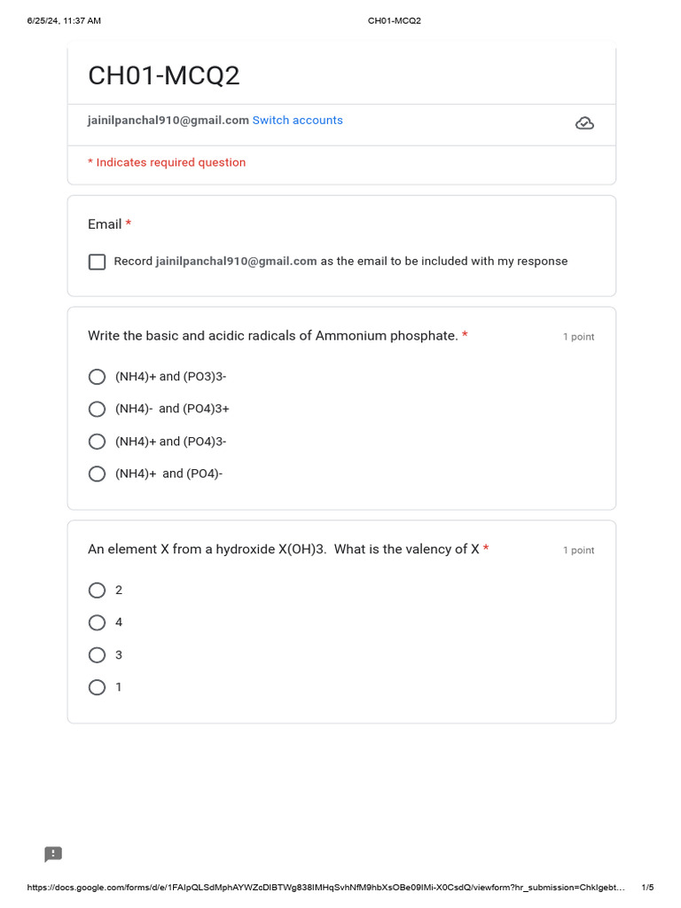 CH01 MCQ2 | PDF | Ammonium | Salt (Chemistry)