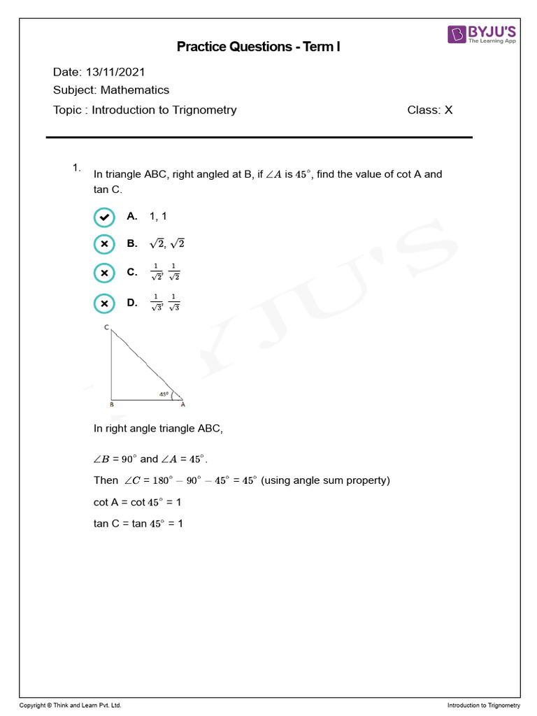 CBSE Class 10 Introduction To Trigonometry MCQ Practice Solutions | PDF | Trigonometry ...