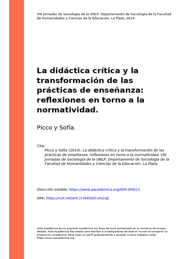 Picco y Sofía (2014) - La Didáctica Crítica y La Transformación de Las Prácticas de Enseñanza ...